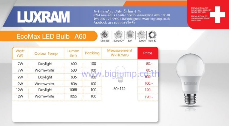 หลอดแอลอีดี LED LUXRAM A60 ขนาด 7,9,12 วัตต์ แสงเดย์ไลท์ และแสงวอร์ม ...